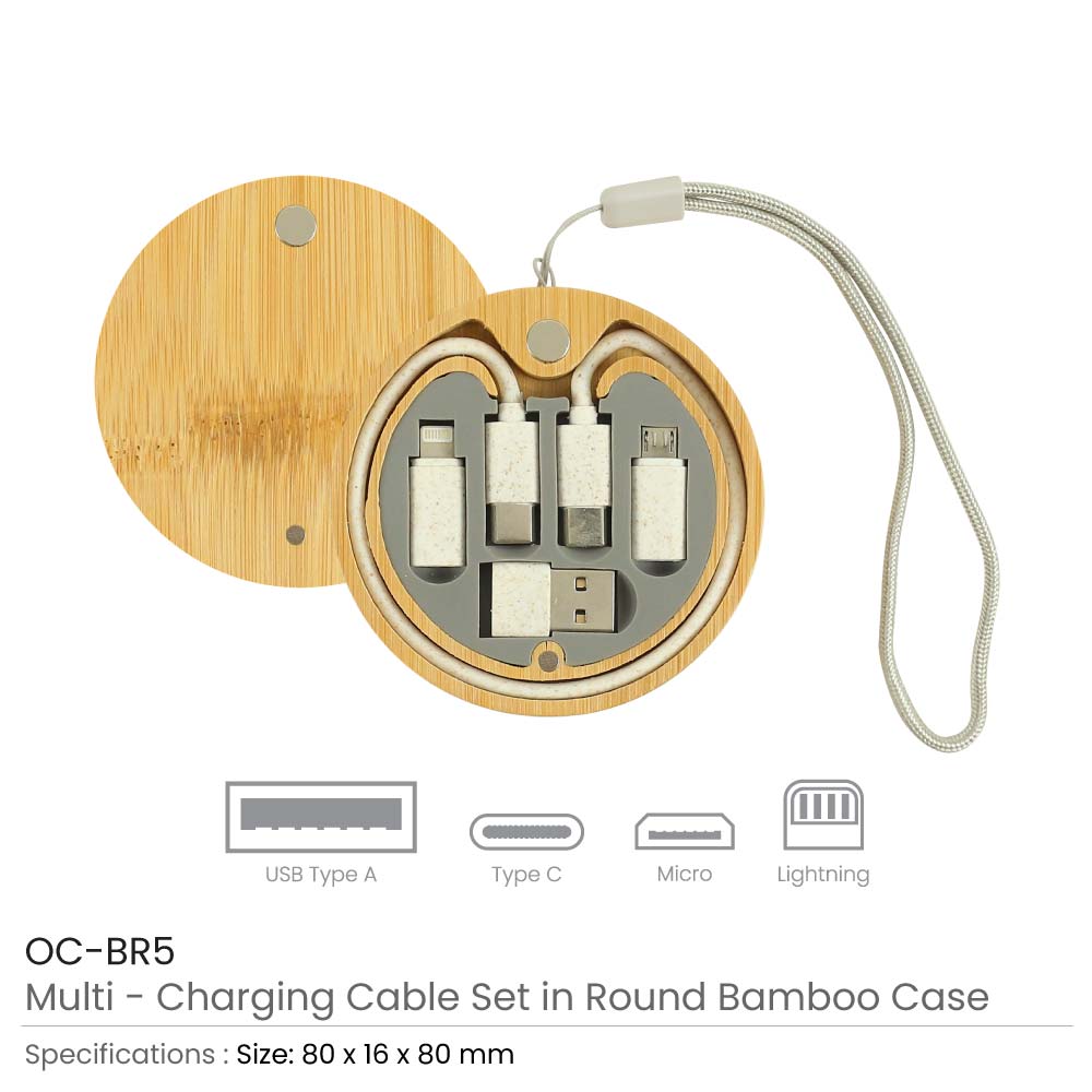 Multi-Charging Cable Set in Round Bamboo Case - Promotional Gift ...