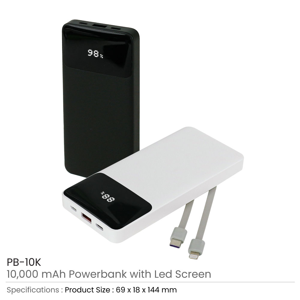 Powerbank with LED Screen 10,000 mAh and Built-in Cables - Tezkargift