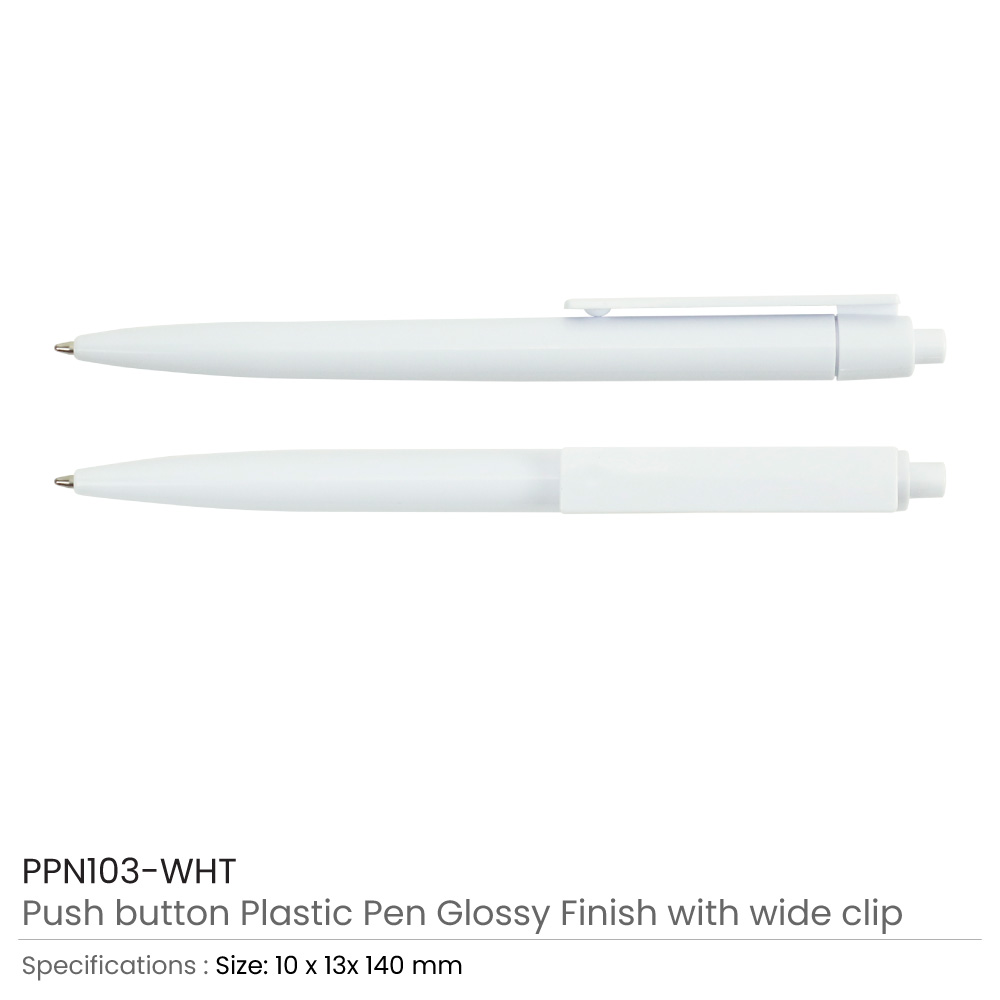 Plastic Pens White Color, Push Button, Wide Clip - Promotional Gift ...
